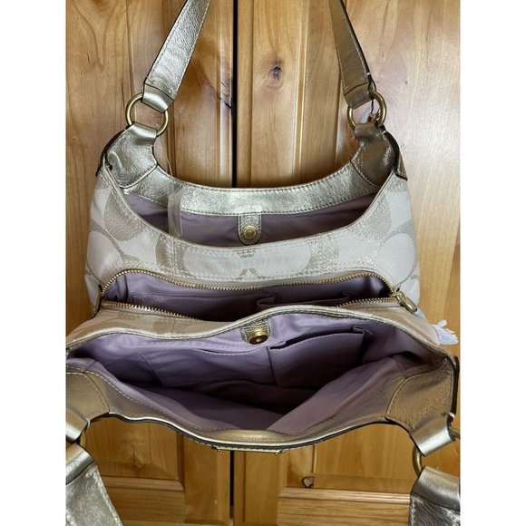 Coach | Bags | 358 Coach Madison Maggie Jacquard Gold Metalic Leather Hobo Shoulder Bag F2582 ...